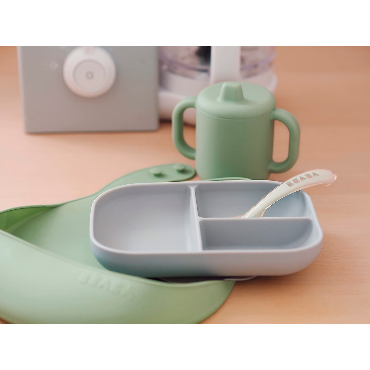 BEABA The Essentials Silicone Meal Set of 4, 100% Silicone Baby Plate Set - Dishwasher Safe, Soft, Unbreakable - Includes Siicone Plate, Sippy Cup, Bib and Spoon, Grey/Sage