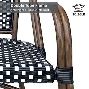 BKSFOAA French Bistro Chairs Set of 2 | Outdoor Hand-Woven Rattan Wicker Dining Armchair for Patio Porch Garden | Double Tube Aluminum Frame & Bamboo Print Finish | Black+White