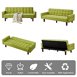 Setawix Linen Futon Sofa Couch Bed Button Tufted Convertible Sleeper Sofa Beds Reclining Armed 3 Seater Sofas Couches for Living Room Bedroom Apartment Small Spaces (Green)
