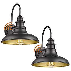 Dusk to Dawn Sensor Outdoor Barn Light Fixture, 12.3 Inch Dome Outdoor Wall Sconce Farmhouse Wall Mount Lights Exterior Gooseneck Light Fixture Black Finish Industrial Wall Lantern for Porch, 2Pack