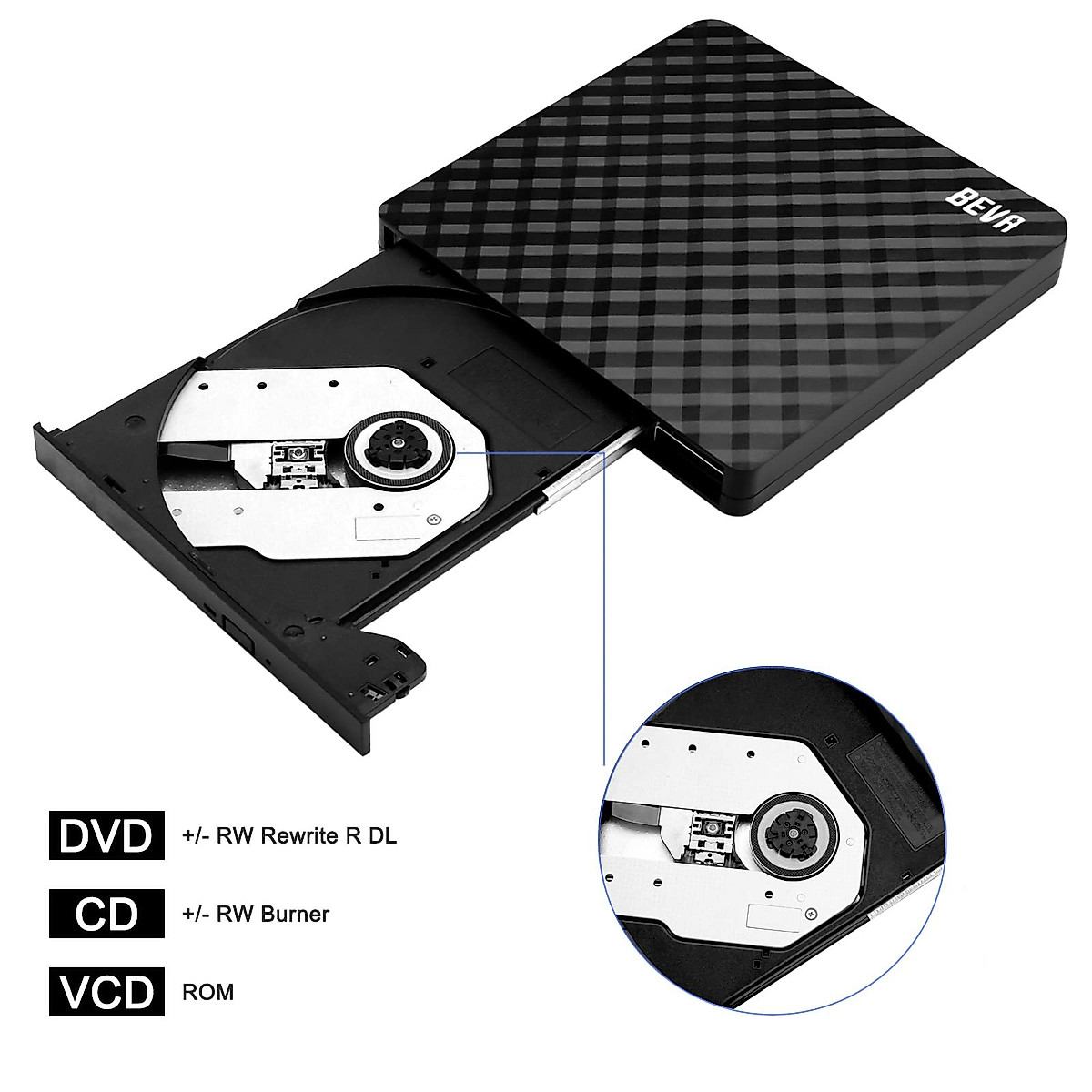 BEVA External CD Drive, USB 3.0 Portable CD DVD Reader DVD Drive External CD DVD Player Burner RW Writer, Copier for Laptop, Desktop, Mac, Support Windows 7/8/ 10/ XP/Mac OS