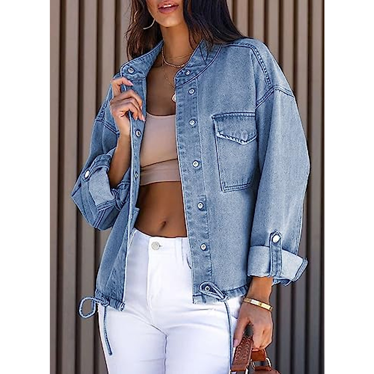 Dokotoo Jean Jackets for Women Cropped Jackets Fashion Spring Fall 2023 Casual Long Sleeve Utility Cargo Denim Jacket Button Down Trucker Shacket Jackets Coat with Pockets Sky Blue Medium