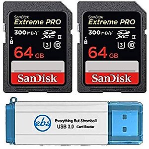 SanDisk 64GB SDXC SD Extreme Pro UHS-II Memory Card (Two Pack) 300MB/s 4K V30 U3 (SDSDXPK-064G-ANCIN) Bundle with (1) Everything But Stromboli 3.0 Card Reader
