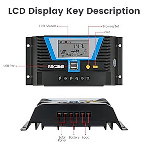 PowMr 30A PWM Solar Controller, 12V 24V 36V 48V Auto with LCD Display, Dual USB Output Charge Controller for AGM, Gel, Flooded, Lead-Acid and Lithium Battery