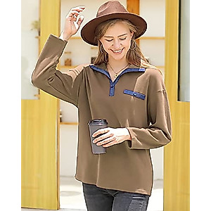 VAFOLY Fall Sweaters for Women 2022 Trendy Long Sleeve Henley Sweatshirts for Ladies Button V Neck Tunic Tops Casual Loose Patchwork Pullover Sweatshirts Fleece V Neck Shirts Mocha Large