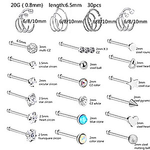 N/D 20G 30Pcs Nose Ring, CZ L Bone Screw Shape Nose Studs, Stainless Steel Body Piercing Jewelry, Women Men Silver Tone