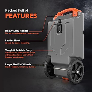 Camco Rhino 15-Gallon Portable Camper / RV Tote Tank - Features Large Heavy-Duty No-Flat Wheels & Low Drain Hole - Includes Removable Steel Tow Adapter, 3’ RV Sewer Hose & More RV Accessories (39000)
