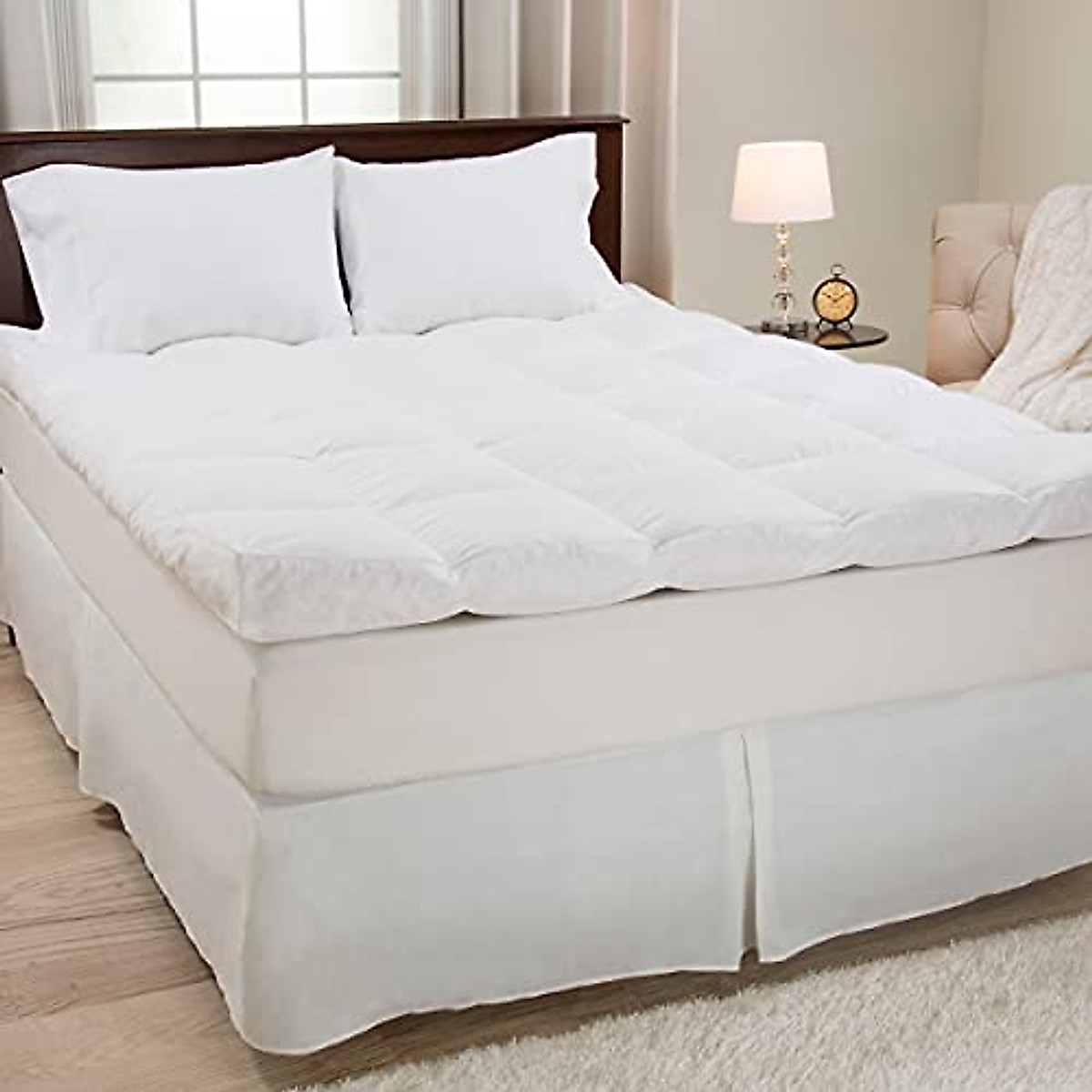 Down Mattress Topper- Queen Size-4” Gusset Duck & Down Filled Featherbed with Cotton Cover-Plush Pillow Top for Extra Cushion & Support by Lavish Home White