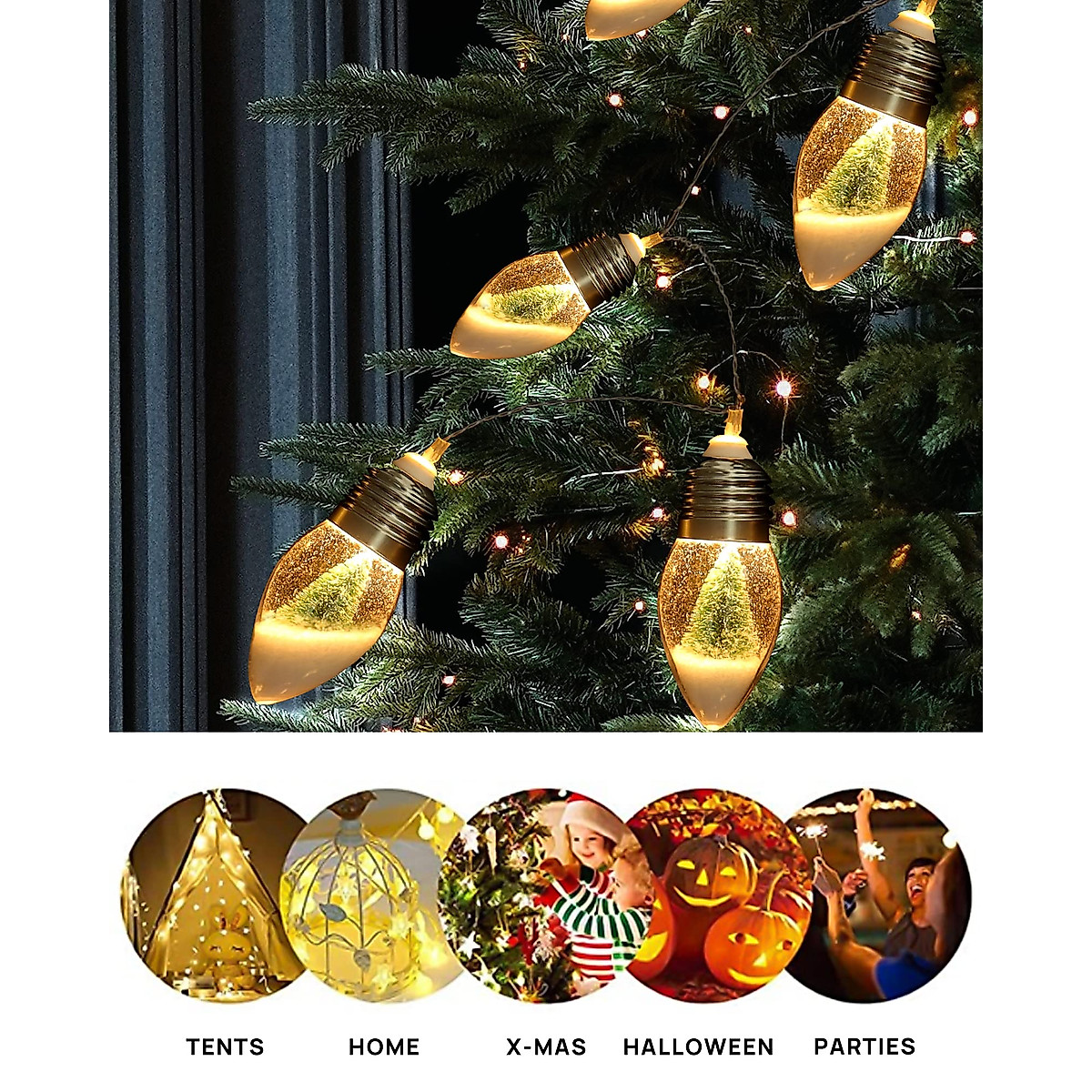 2Pcs Christmas Snow Globe String Lights Indoor Decorations 6.6 FT Battery Operated Powered String Lights for Christmas Tree Snow Scene in 20 Clear Bulbs Decor for Home Bedroom Fireplace Xmas Lights