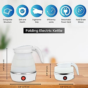 Travel Collapsible Electric Kettle with Collapsible Cup - Portable Foldable Small Electric Kettle with Quick Boiling Water Tech, BPA Free, 110V Voltage, US Plug, 600ML (White & Blue)
