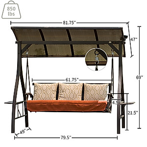 Patio Porch Swing 3 Person Adjustable Canopy Deluxe Hammock Swing Glider with Solar LED Light and 3 Sunbrella Cushions for Outdoor Garden, Balcony, Backyard by Domi outdoor living
