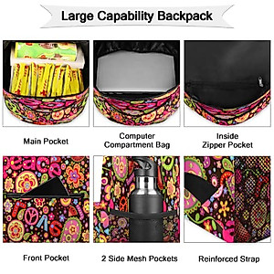 ZQYLAN Peace Sign School Laptop Backpack Colorful Floral Flower Teens School Bags Bookbag,18inch Large Water Resistant College Travel Computer Notebooks Daypack for Men Women