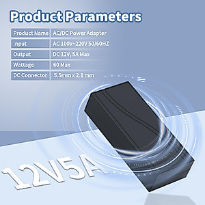 12V 5A Power Supply, Waysse Power Supply Adapter, AC DC Converter 100-220V to 12 Volt 5 Amp Transformer 5.5x2.1mm Plug for LED Strip Light DVR NVR Security Cameras System CCTV Accessories