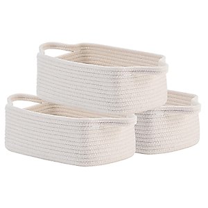 Small Woven Basket, 12 x 8 x 4.5 Inches, Small Storage Baskets for Organizing, Gift Baskets Empty, Cute Small Rope Shelf Closet Storage Bins Baskets for Shelves, Dog Toy Basket, 3 Packs, Off White