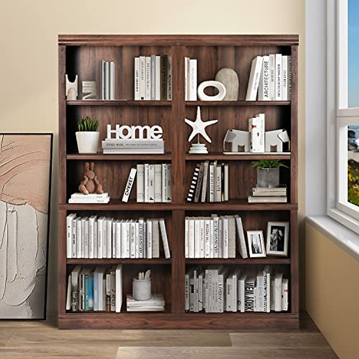 LYNSLIM Wooden Bookcase, 5-Shelf Free Standing Bookcase for Home Office Living Room Open Display Organizer Storage Bookshelf, Oak Finish Decor Furniture (Brown)