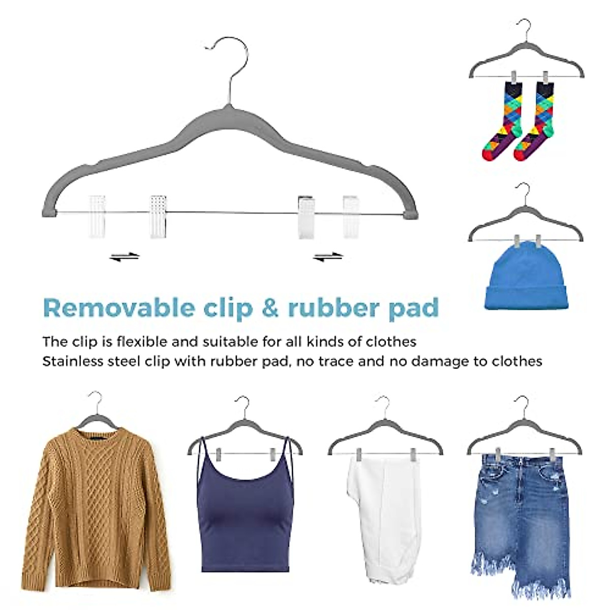 HOUSE DAY Velvet Skirt Hangers 24 Packs Velvet Hangers with Clips Ultra Thin Non Slip Velvet Pants Hangers Space Saving Clothes Hangers for Skirts, Pant, Jeans (Light Grey)