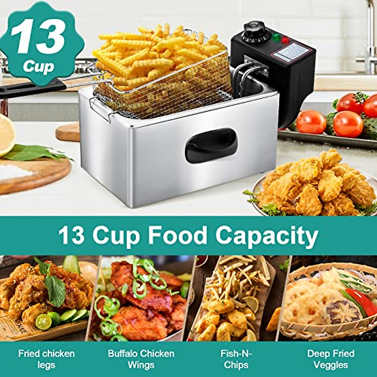 SUEWRITE Deep Fryer with Basket, 4.2 Qt Stainless Steel Electric Deep Fryer 1650W Oil Fryer Pot with Temperature Control Cool Touch Sides Silver