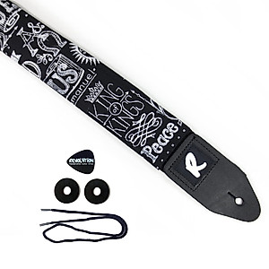 Jesus Guitar Strap, Black and White Genuine Leather Ends, Includes 2 Strap Locks & 1 Pick. Adjustable Strap, For Bass, Electric & Acoustic Guitars Gift for Guitar Players Men, Women & Kids