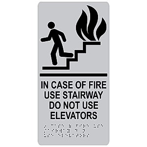 ComplianceSigns.com in Case of Fire Use Stairway Sign, ADA-Compliant Braille and Raised Letters, 12x6 in. Black on Silver Acrylic with Mounting Strips