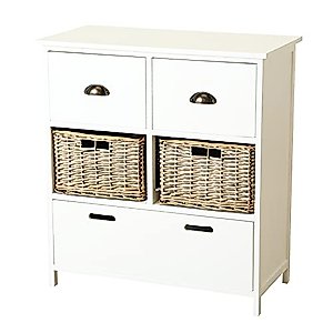 WHW Whole House Worlds Hamptons Decorative Accent Chest with 3 Baskets, Bin Pull Hardware, White, Brown Willow Wicker, Solid Wood, MDF, 13.75 L x 28.0 W x 30.25 H inches, 19.75 lbs