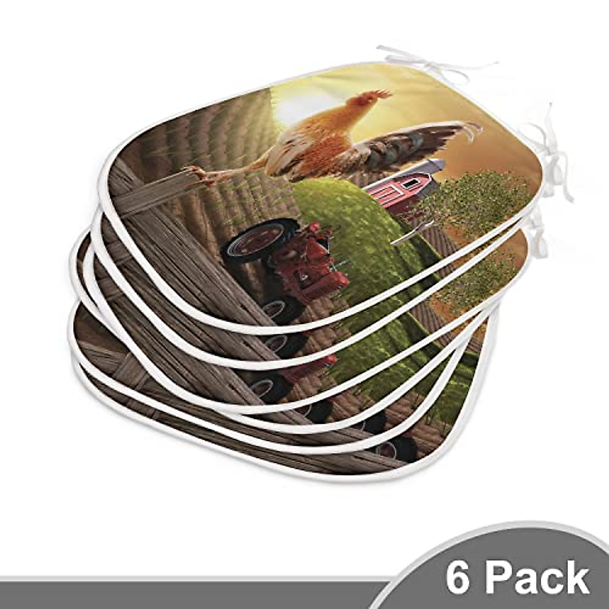 Lunarable Country Chair Pad Set of 6, Farm Barn Yard Image Rooster Animal Early Bird Nature and Rising Sun Print, Water Resistant Pillow with Ties Dining Room Kitchen, 15" x 15", Pale Brown Red