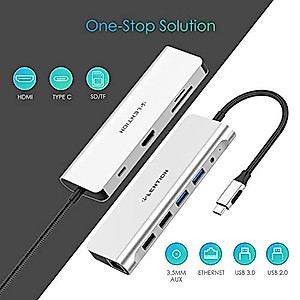 LENTION USB C Hub with 4K HDMI, SD 3.0 Card Reader, Gigabit Ethernet, Charging, USB 3.0/2.0 & Aux Port Compatible MacBook Pro, New Mac Air/Surface, More, Stable Driver Adapter (CB-C69, Silver)