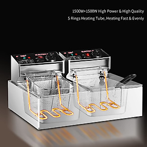 Commercial Electric Deep Fryer, AGKTER, Dual Tank Stainless Steel Deep Fryer with Basket & Lid, Over-Temperature Protection, Ideal for Restaurant and Home Use - 10.5qt+10.5qt, 1500W+1500W, 110V