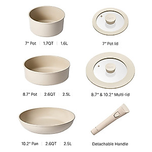 dogado Organic Cookware Set, Nonstick Ceramic 6 Piece, Stackable Pots and Pan, Detachable Removable Handle (Sand Beige)