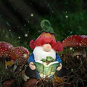 Sinhra Garden Gnome Statue-Resin Gnome Figurine Hugging Turtle Reading Book with Solar LED Lights，Outdoor Summer Decorations for Patio Yard Lawn Porch,Garden Ornament Gift