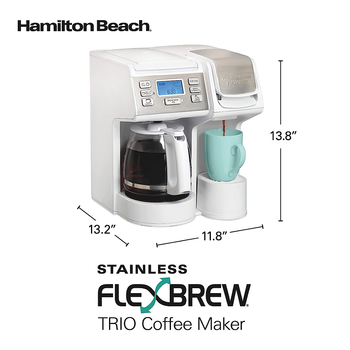 Hamilton Beach FlexBrew Trio 2-Way Coffee Maker, Compatible with K-Cup Pods or Grounds, Single Serve & Full 12c Pot, White with Stainless Steel Accents, Fast Brewing