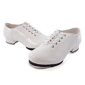 SWDZM Women's & Men's & Kid's Jazz Tap Dance Shoes Tap-Flex Patent Leather Tap Shoe,WXLDD-Tap,White,10.5 US