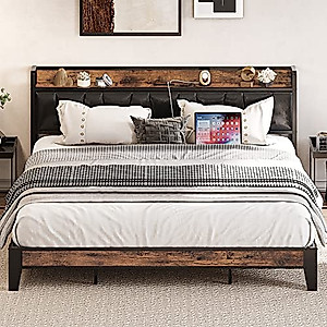 LIKIMIO King Bed Frame, Storage Headboard with Charging Station, Solid and Stable, Noise Free, No Box Spring Needed, Easy Assembly (Vintage and Black)