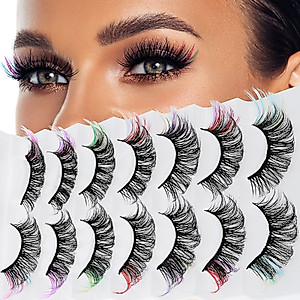 cobee Colored False Eyelashes, 7 Pairs Rainbow Fluffy Eye Lashes Wispy Mink Lashes Fake Eyelashes Natural Look Eye Lashes for Cosplay Party Festival