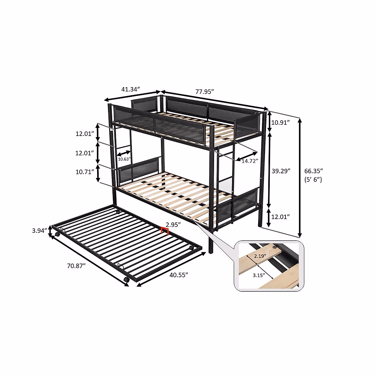 Harper & Bright Designs Metal Bunk Bed Twin Over Twin with Trundle, Heavy Duty Bunk Beds with Texteline Guardrails and Wood Slats, Twin Bunk Bed for Kids Boys Girls Dormitory Bedroom, Black