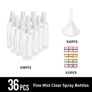 YEUIKERR 36 Pack Plastic Small Spray Bottles 4 oz/120 ml, Fine Mist Clear Empty Plastic Small Travel Spray Bottle, with 10 Funnels and 10 Labels