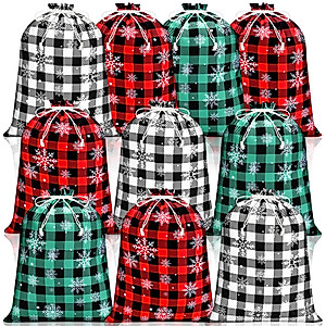 Shappy 10 Pcs Christmas Buffalo Plaid Drawstring Bags Drawstring Gift Bags Large Sacks Xmas Wrapping Bags Cotton Drawstring Bags Sack for Party Favors Candies (Red, Green, Black,12 x 16 Inch)