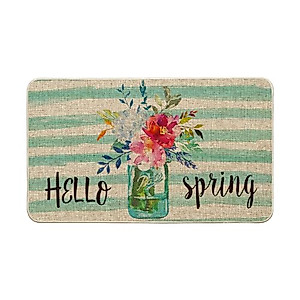 Artoid Mode Watercolor Stripes Hello Spring Doormat, Seasonal Holiday Home Low-Profile Floor Mat Switch Mat for Indoor Outdoor 17 x 29 Inch