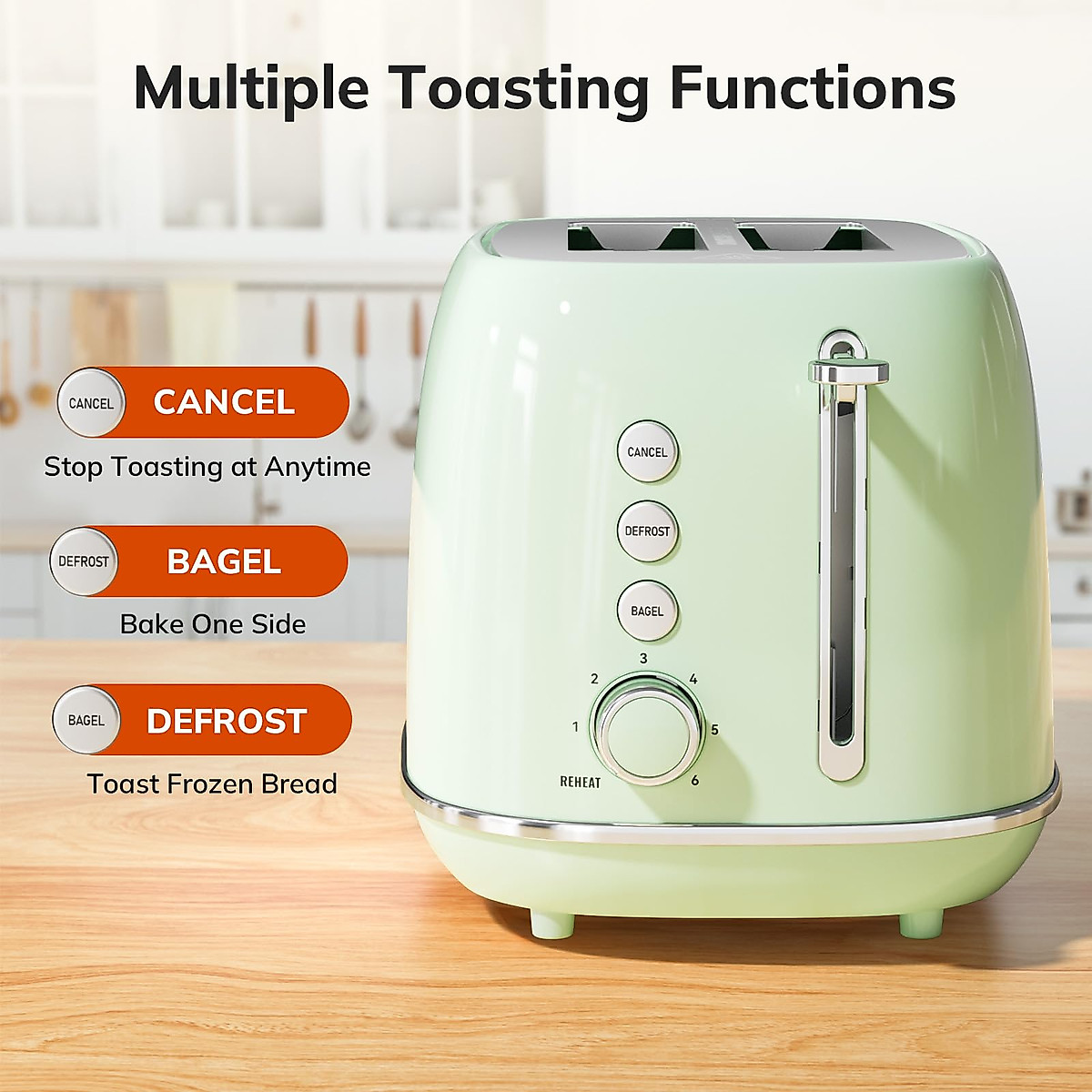 2 Slice Toaster Retro Stainless Steel Toaster with Bagel, Cancel, Defrost Function and 6 Bread Shade Settings Bread Toaster, Extra Wide Slot and Removable Crumb Tray (Green)