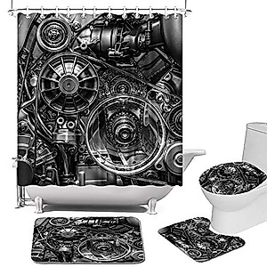 AtGoWac 4 Pieces Engine Shower Curtain Sets with Rugs, Black and White Man Cave Shower Curtain Set of 4 Piece, Men's Bathroom Decor