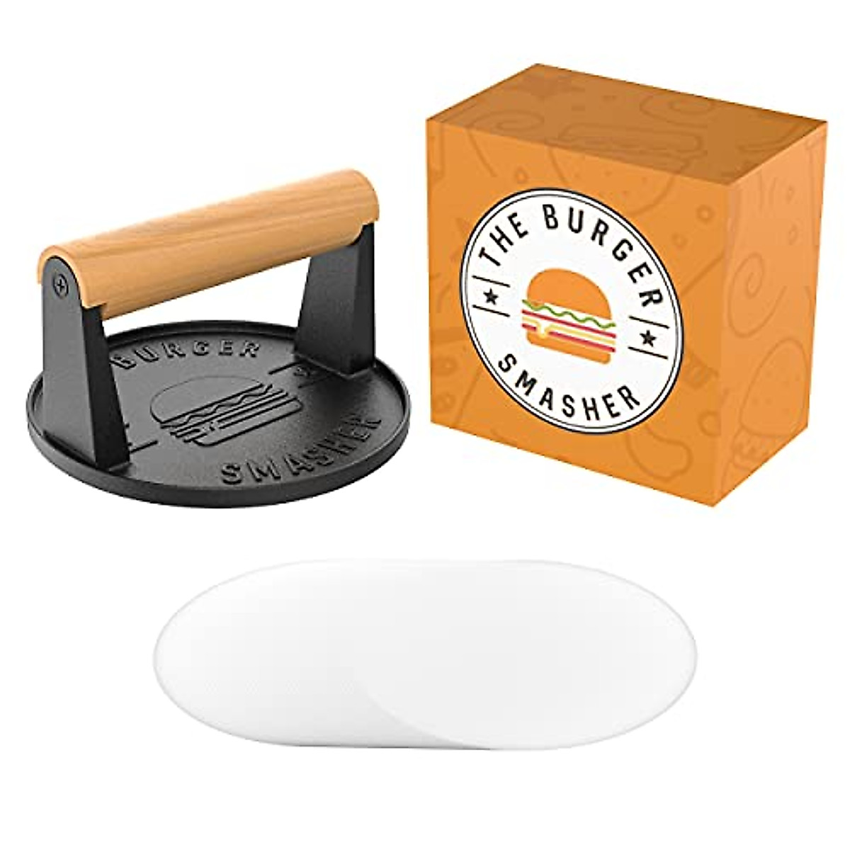 The Burger Smasher - Cast Iron Burger Press Kit w/Patty Paper Included | Hamburger Press Perfect for Flat Top Grill, Cast Iron Griddle or Skillet | Meat Press and Grill Press