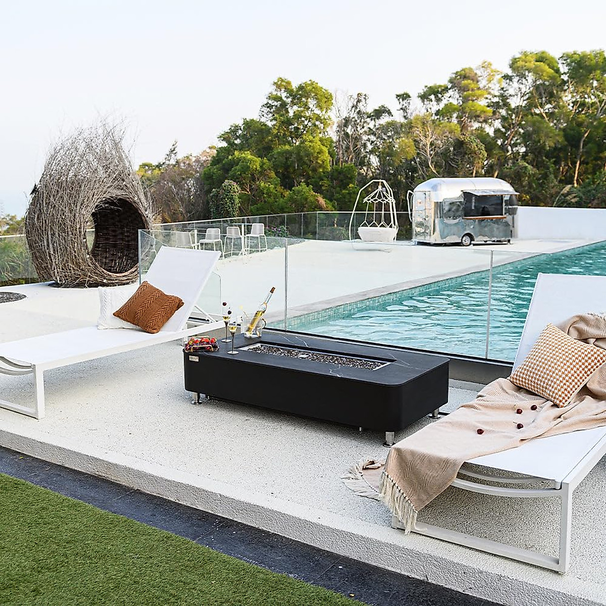 Valencia Concrete Fire Pit 62" x 30" Outdoor Patio Firepit Includes Fire Glass Modern Fire Pits & Outdoor Fireplaces for Garden, Deck, Indoor & Outdoor Heating