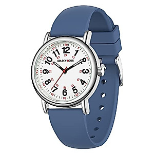 GOLDEN HOUR Waterproof Nurse Watch for Medical Professionals, Students Women Men - Military Time Luminouse Easy Read Dial, 24 Hour with Second Hand, Colorful Silicone Band Navy Blue