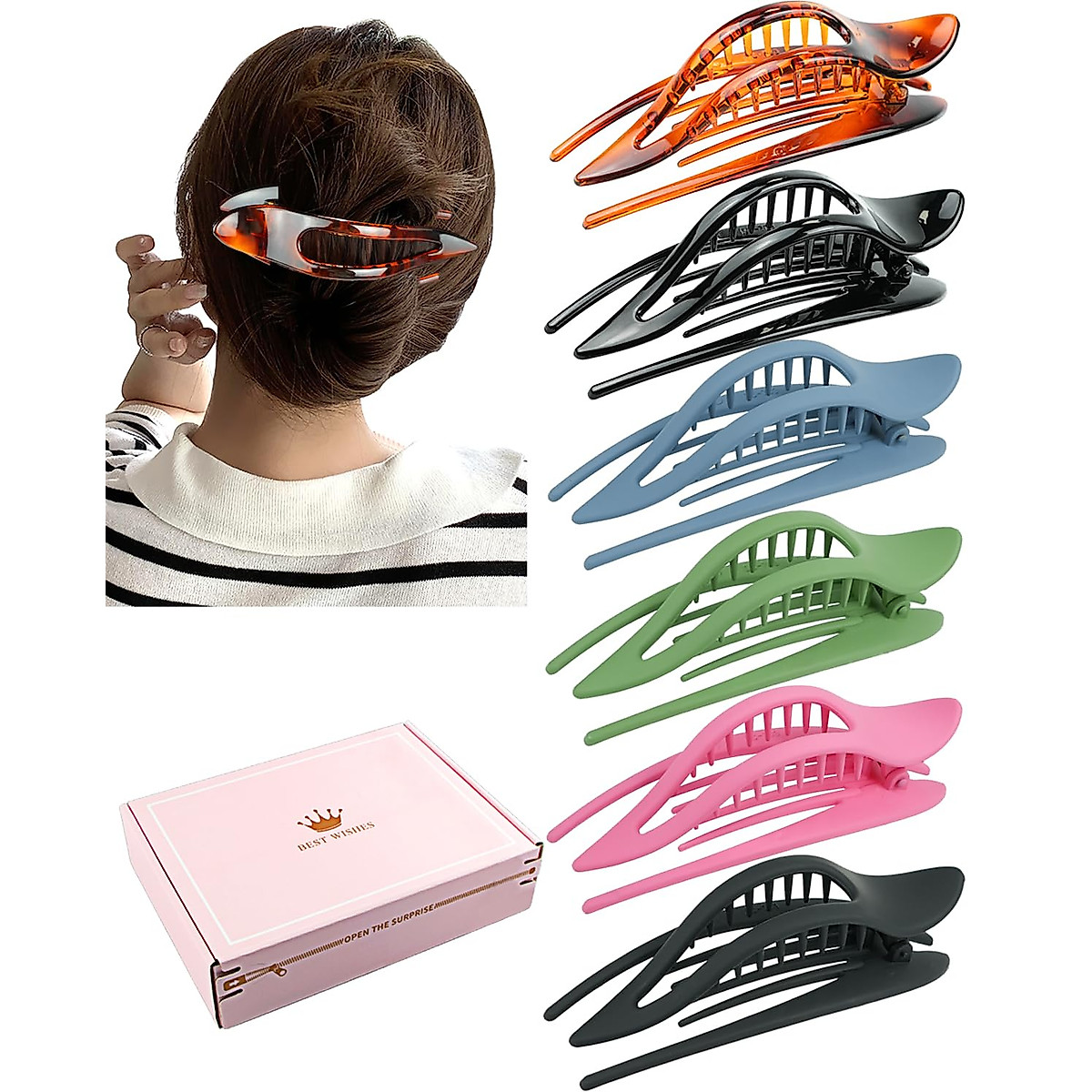 6 Pcs Thick Hair Clips Set for Women & Girls: 5" Large Side Slides, Strong Hold No Slip Grip, Flat Curved Claw Clamps, Duckbill Clamps for Long Hair