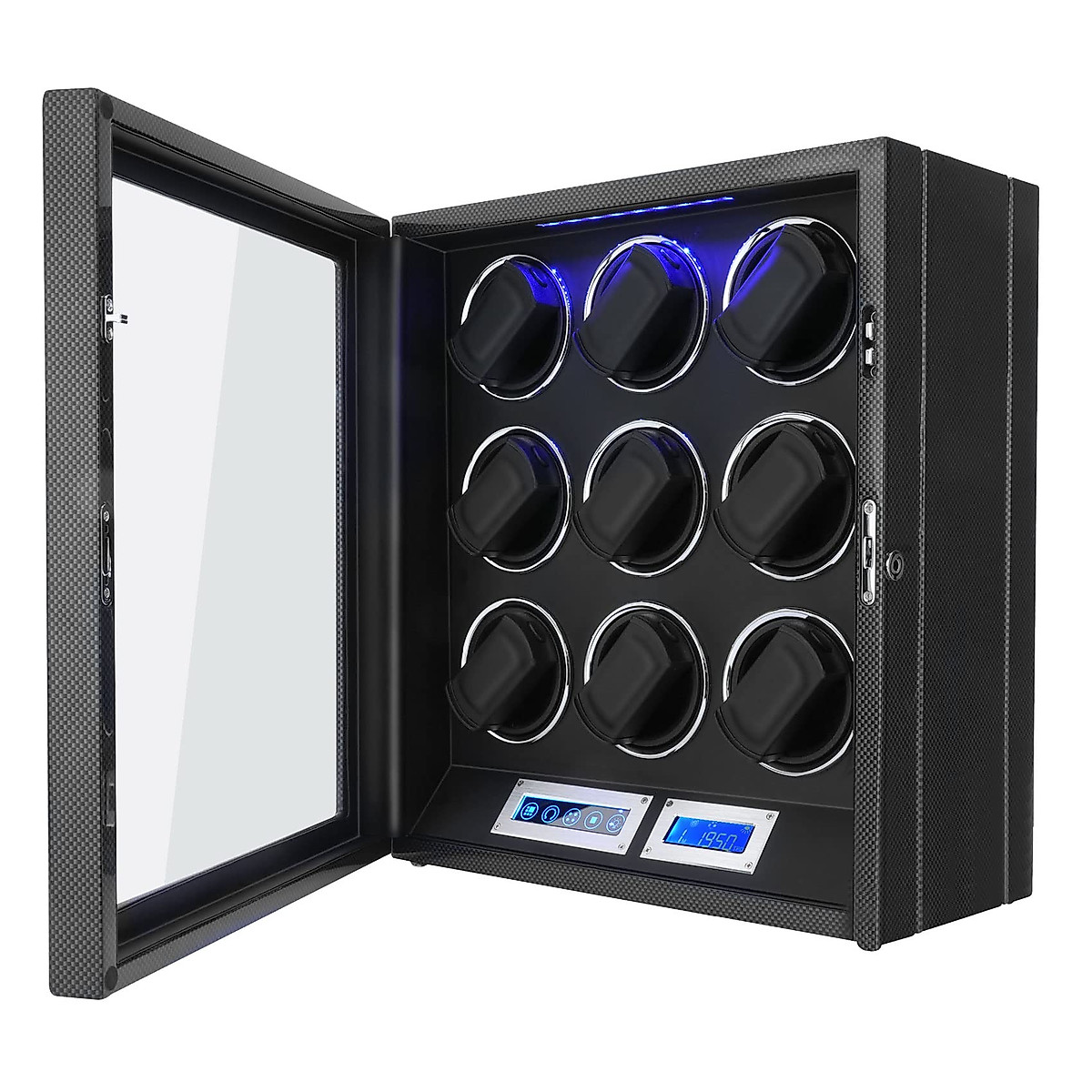 Automatic Watch Winding, Adjustable [Upgraded] Watch Pillow, Luxury Walnut Watch Winder for Rolex with Quiet Motor, Built-in Illumination, AC Adapter Watch Winder Box for Men and Women (Carbon Fiber 9+0)