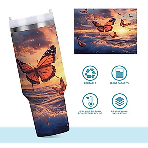 Slewiaeky Cute Animal Butterfly 40 oz Tumbler with Handle Straw and Lid Sunshine Stainless Steel Vacuum Insulated Reusable Water Bottle Glasses Travel Mug Thermal Cup for Home Office Car