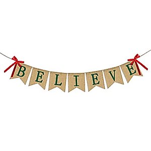 Believe Burlap Banner - Rucitc Holiday Banner Garland - Perfect for Christmas Decoration Xmas Party Decor