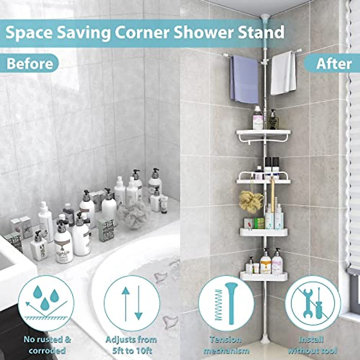 DAKEPOLE Rustproof Tension Shower Caddy, Stainless Steel Corner Stand Storage Organizer with Tension Pole for Bathroom Bathtub Shampoo Soap Plants, 4-Tier Adjustable Shelves,54 to 125 Inch