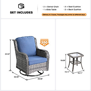 ovios 3 Pieces Patio Swivel Chairs with Side Table, Outdoor Wicker Rocking Chairs with Comfy Cushions, High Back Glider Rocker Chair Set for Porch Deck, Grey Rattan/Denim Blue