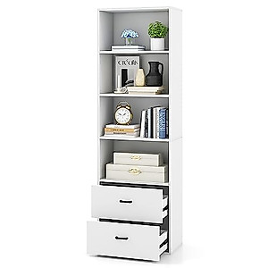 IFANNY 4 Shelf Bookcase with Drawers, Tall Bookshelves and Bookcases, Vertical Bookshelf Tower, Wood Storage Shelves, Modern Book Shelf for Bedroom, Living Room, Home Office