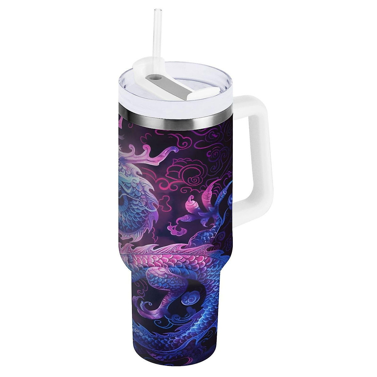 Nesatuwa 40 oz Blue Purple Dragon Tumbler with Handle and Straw Lid,Reusable Stainless Steel Vacuum Insulated Tumbler Leakproof Travel Coffee Mug for Iced and Hot Beverages